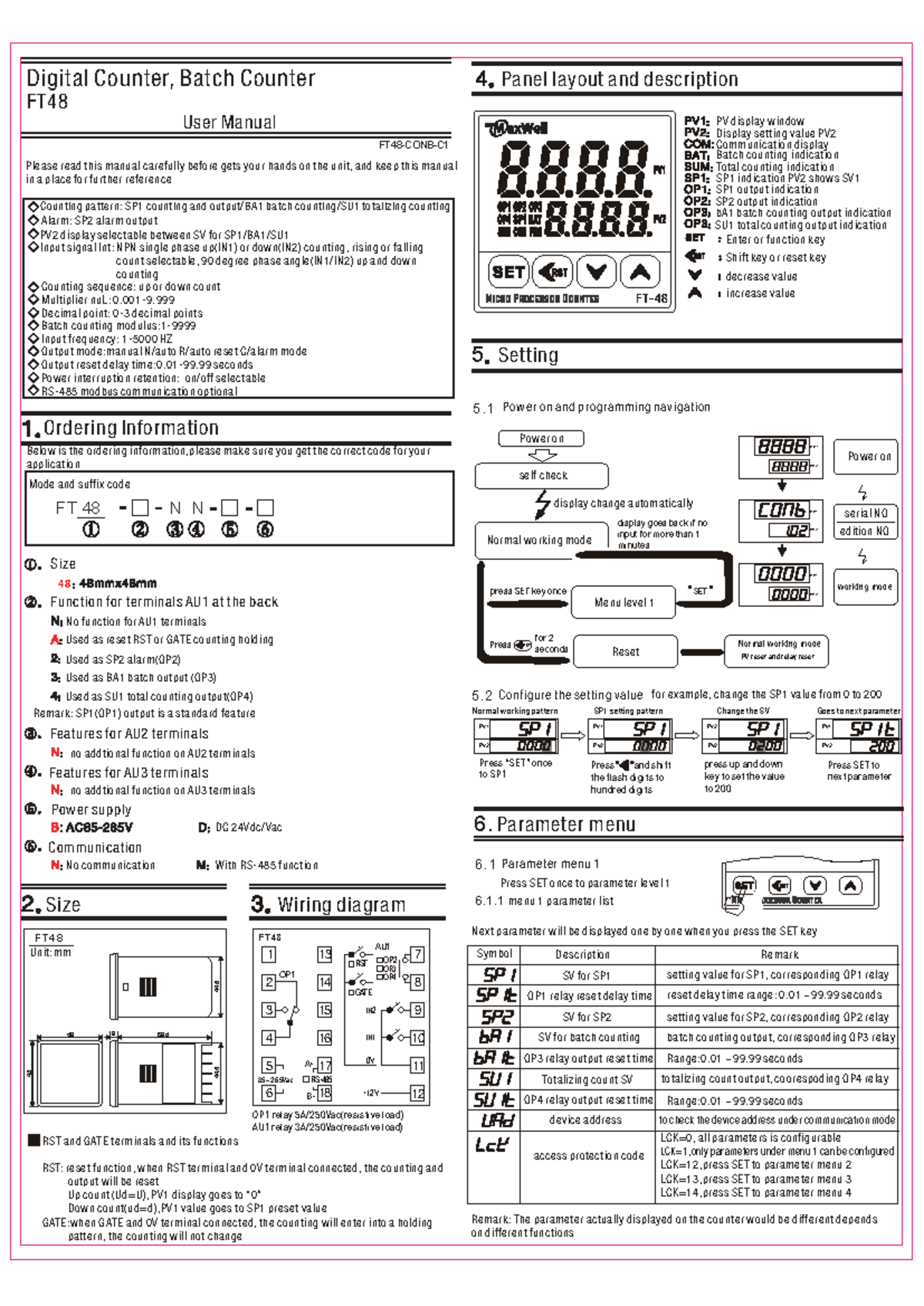 FT48 User Manual: Digital Counter & Batch Counter Setup Guide - Studocu