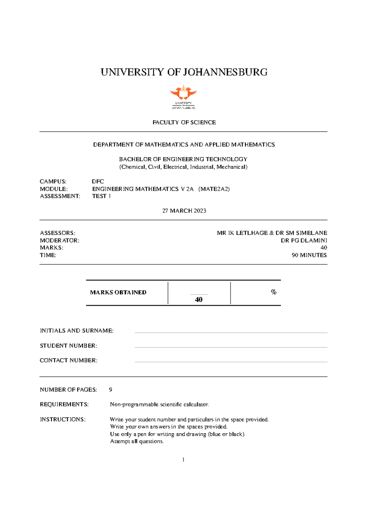 MATE2A2 Test 1 2023 - 2023 question paper, beng tech in civil ...