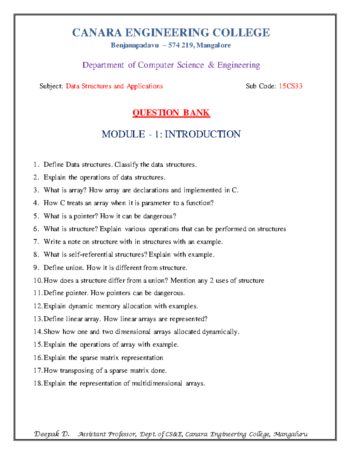 BCS304 Data Structures & Applications: Module 1 Question Bank - Studocu