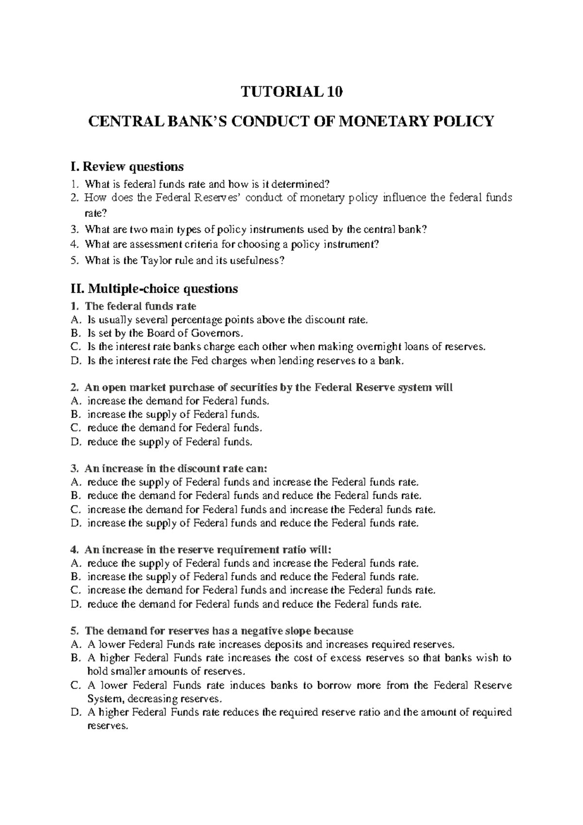 Tutorial 10 questions - Summer course - TUTORIAL 10 CENTRAL BANK’S ...
