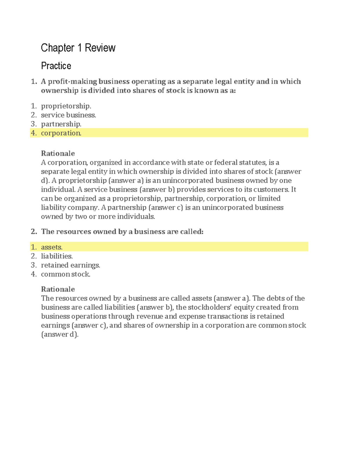 ACCT 101 Chapter 1 Practice Questions and Review - Studocu