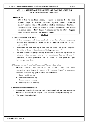 CS3491 AI and ML Important Question Bank - 3 UNIT I PROBLEM SOLVING Introduction to AI - AI ...