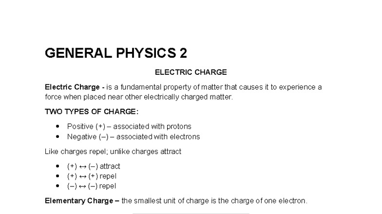 GENERAL PHYSICS 2: Electric Charge & Conductors/Insulators Review - Studocu