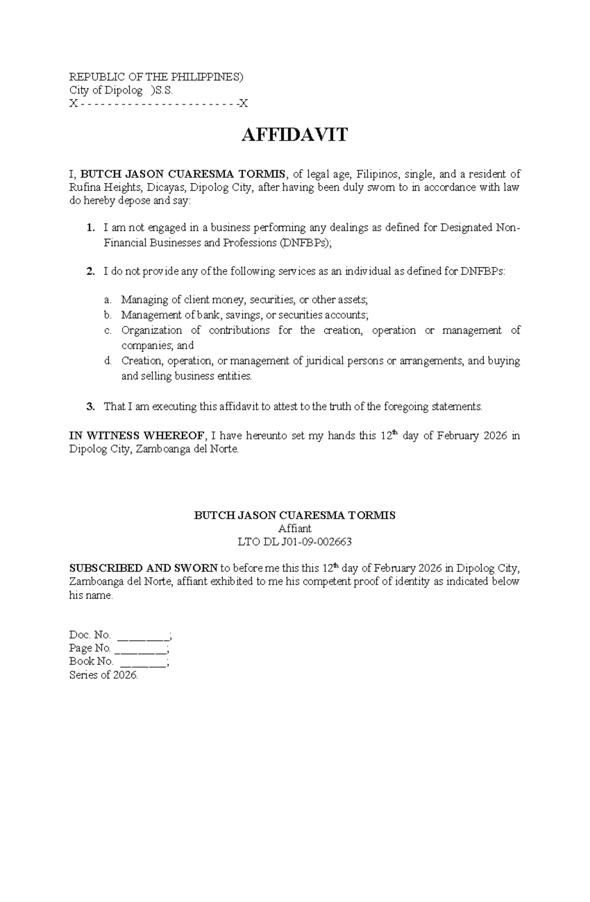 Affidavit of DNFBPs - Butch Jason Cuaresma Tormis - Studocu