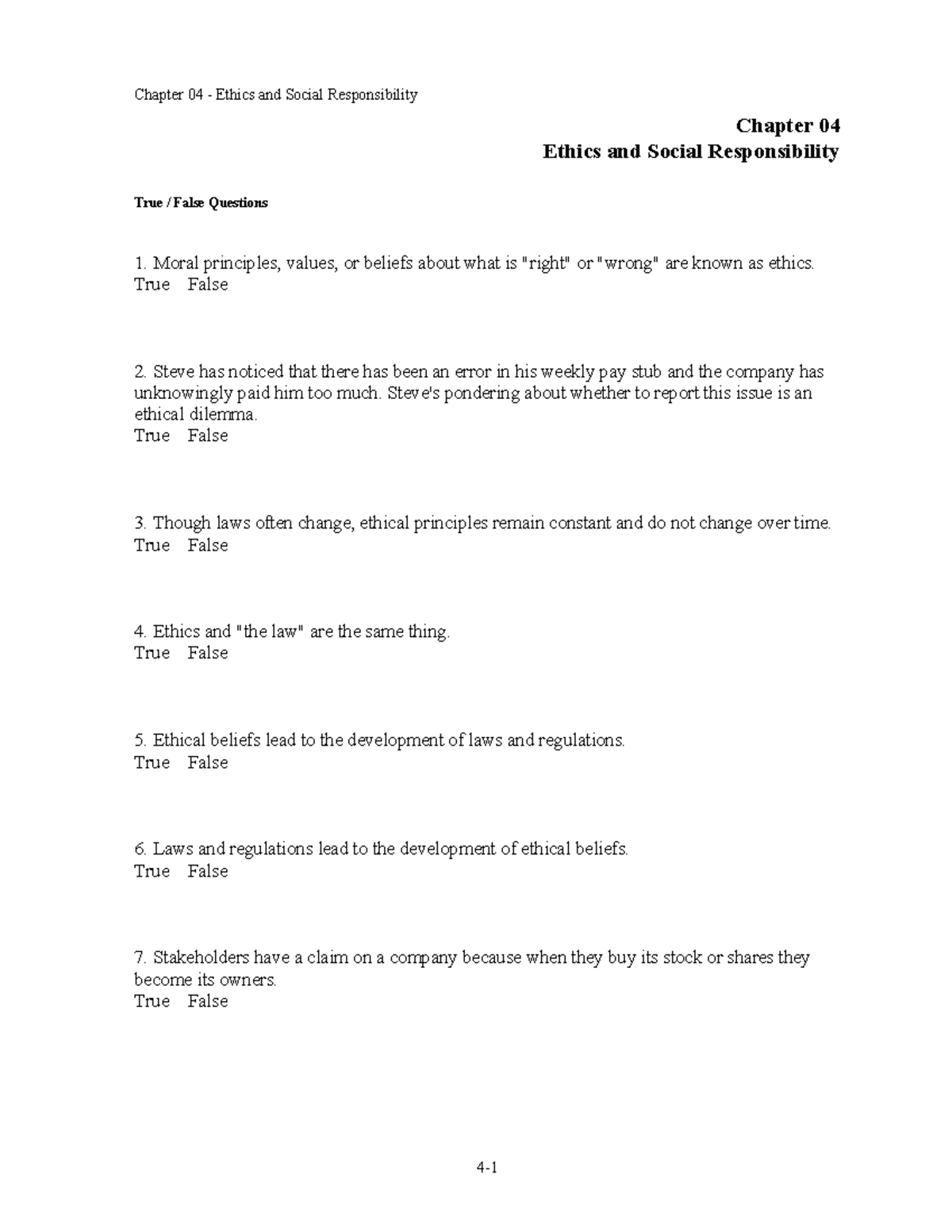 Ethics & Social Responsibility - Test Bank (Chap 004) - Studocu