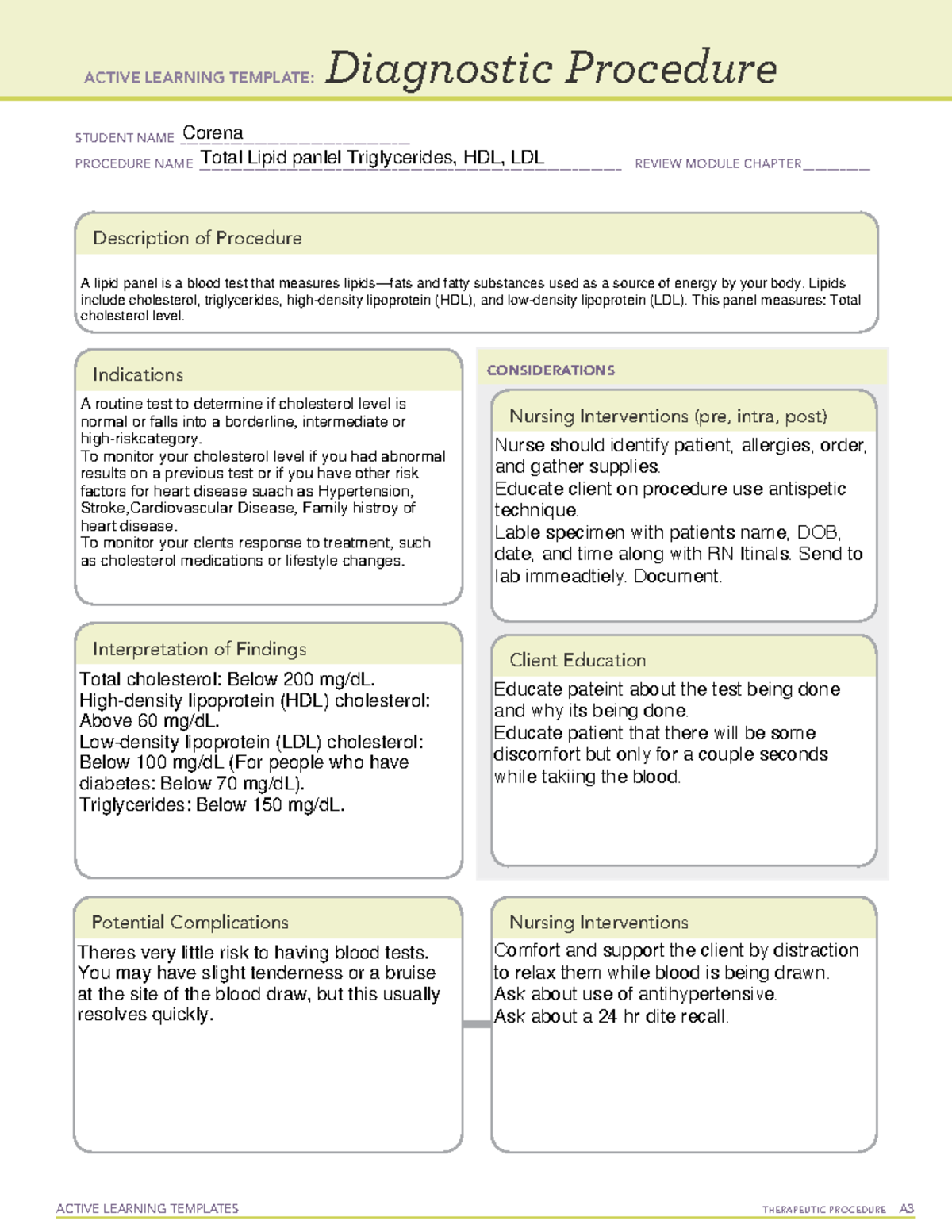 Total Lipid Panel Procedure Notes (ATI) - Studocu
