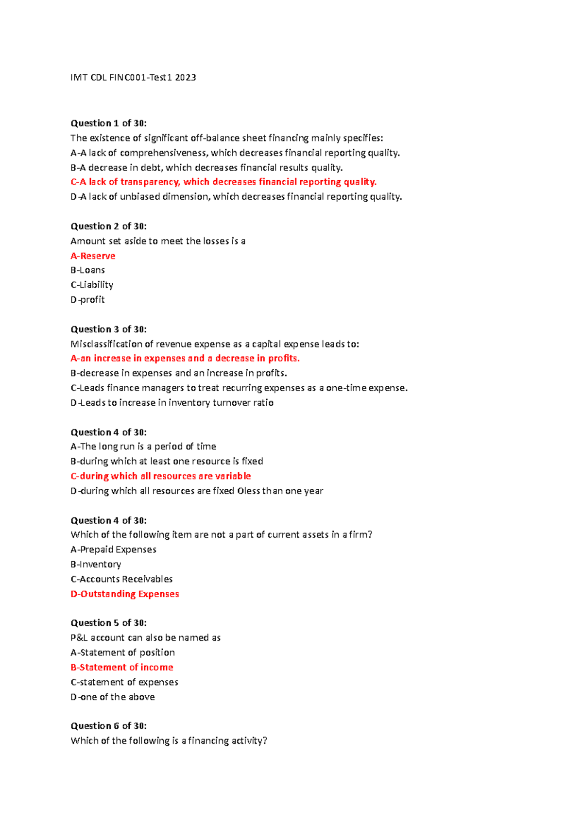 IMT CDL FINC001 - Test 1 Review & Practice Questions 2023 - Studocu