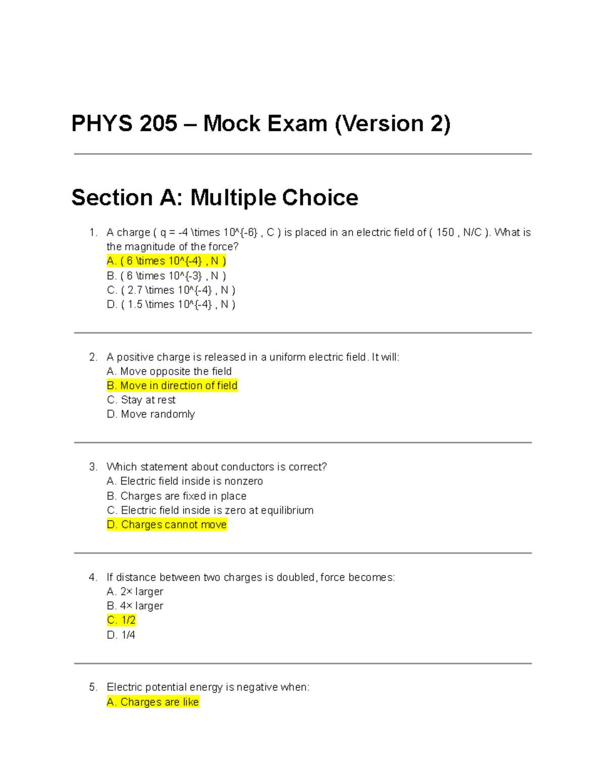 PHYS 205 Mock Exam Notes: Electric Fields & Charge Interactions - Studocu