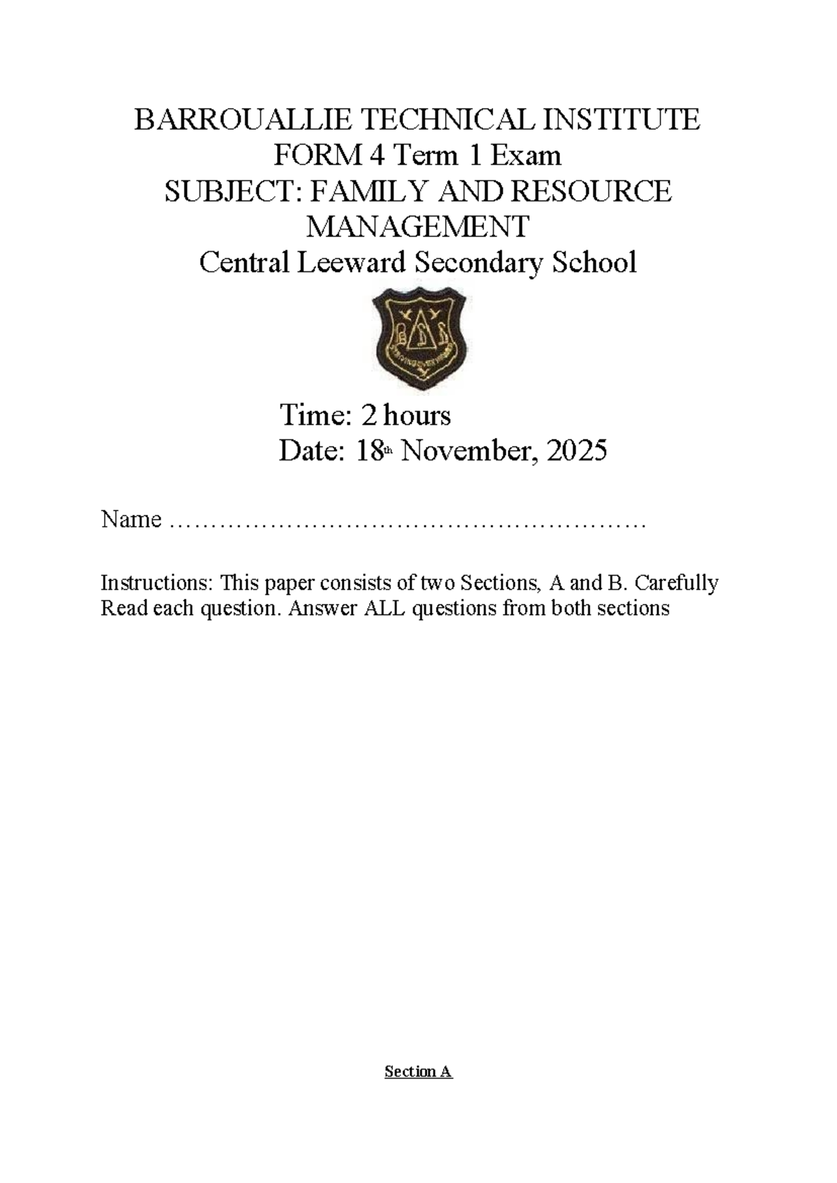 4T FAMILY AND RESOURCE MANAGEMENT Term 1 Exam 2025 - Studocu