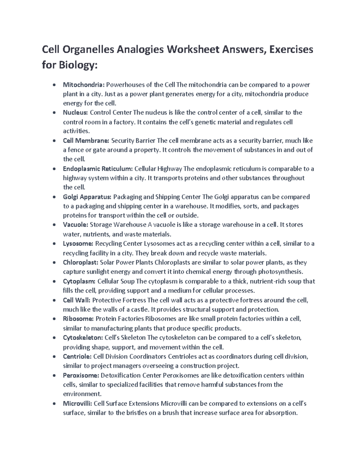 Biology Exam Review: Cell Organelles Analogies Worksheet Answers - Studocu