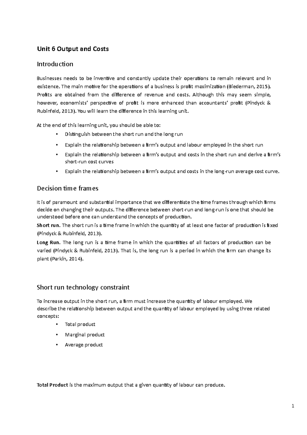 Unit 6 Output and Costs - Unit 6 Output and Costs Introduction ...