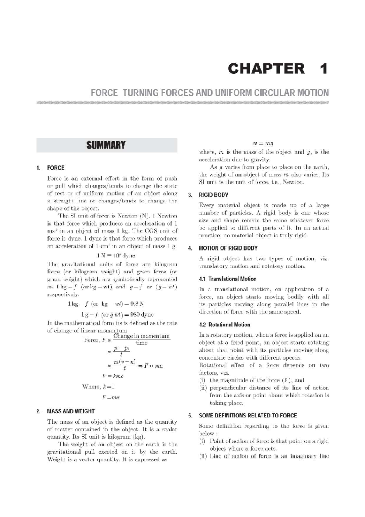 CH 1: FORCE TURNING FORCES AND UNIFORM CIRCULAR MOTION SUMMARY ICSE 10 ...