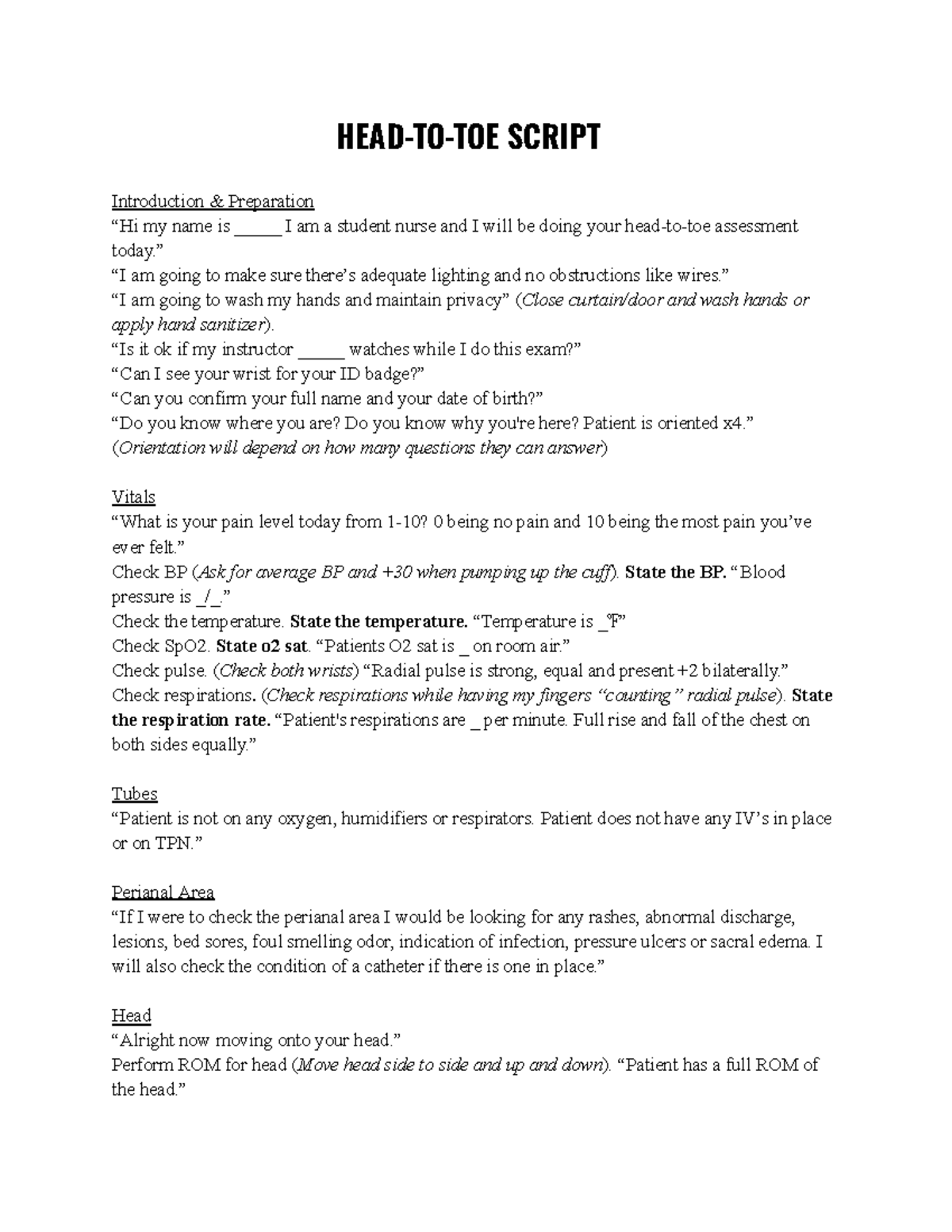 Head-to-Toe Assessment Script for Nursing Students (NUR 101) - Studocu