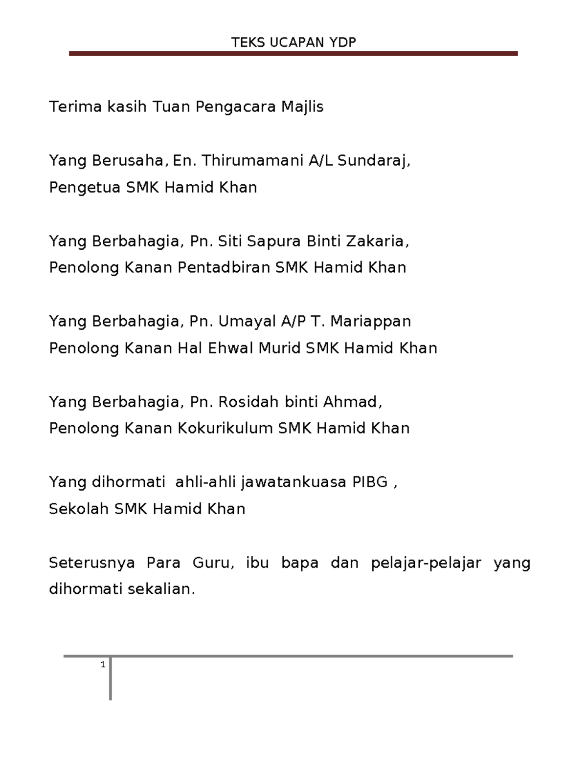 Ucapan Terima Kasih YDP PIBG pada Mesyuarat Agong Ke-48 SMK Hamid Khan ...