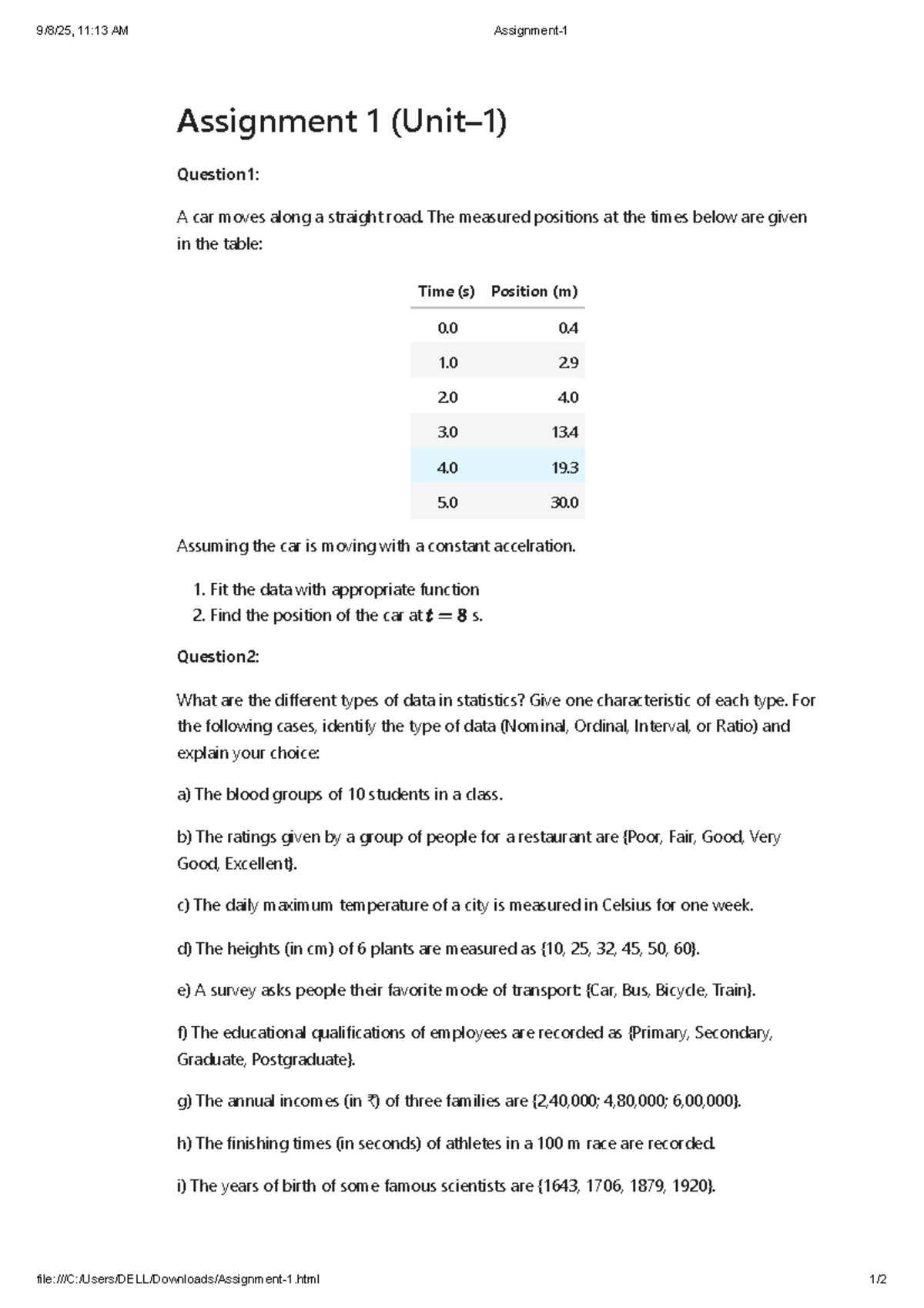 Assignment 1 - Comp Physics: Motion & Data Types Analysis - Studocu