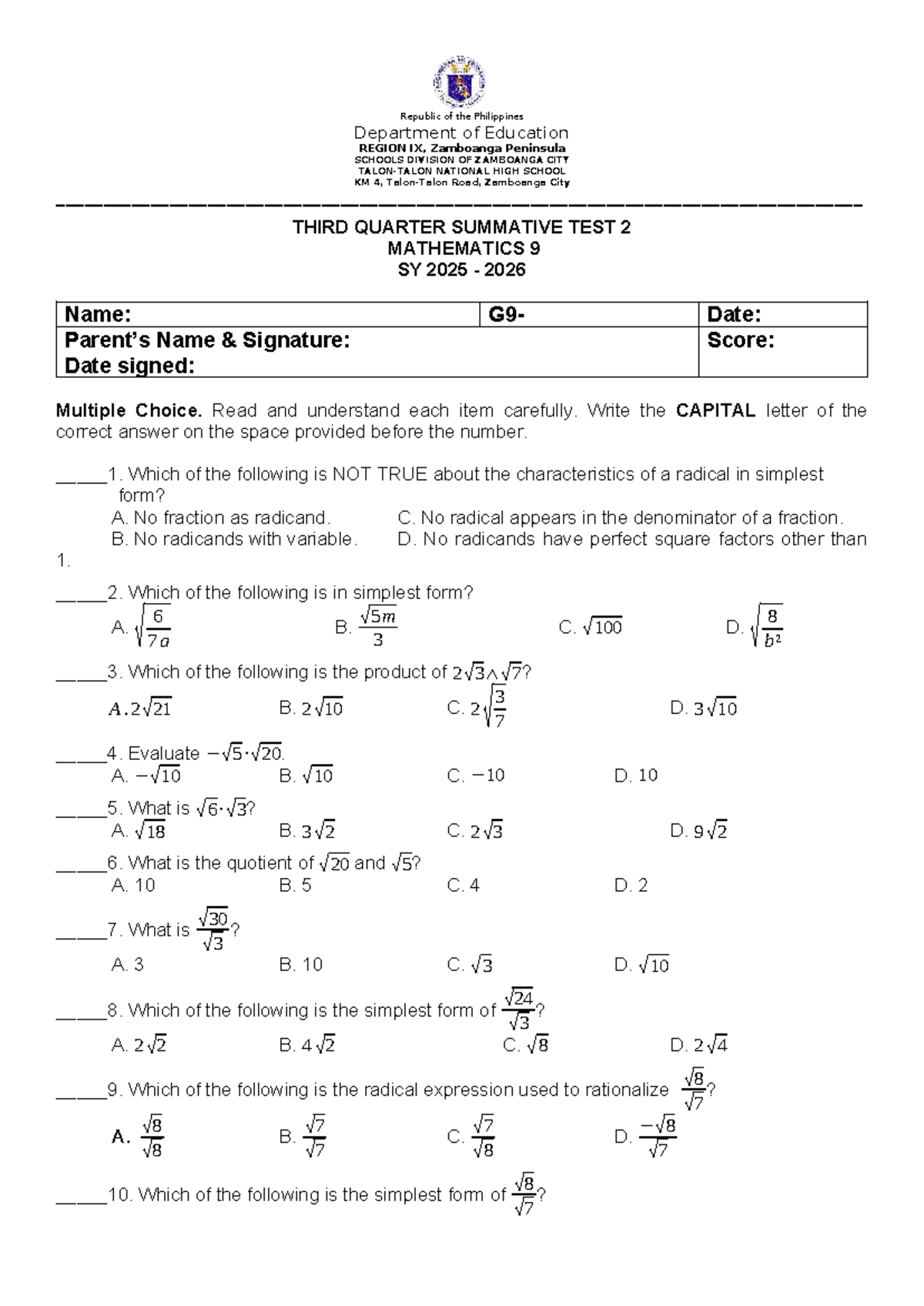 MATH 9 Q3 ST2 2025-2026 - Summative Test on Parallelograms - Studocu