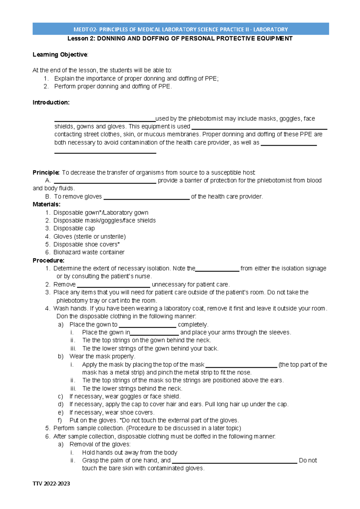 MEDT 02: Lesson on Donning and Doffing of PPE in Lab Practice - Studocu