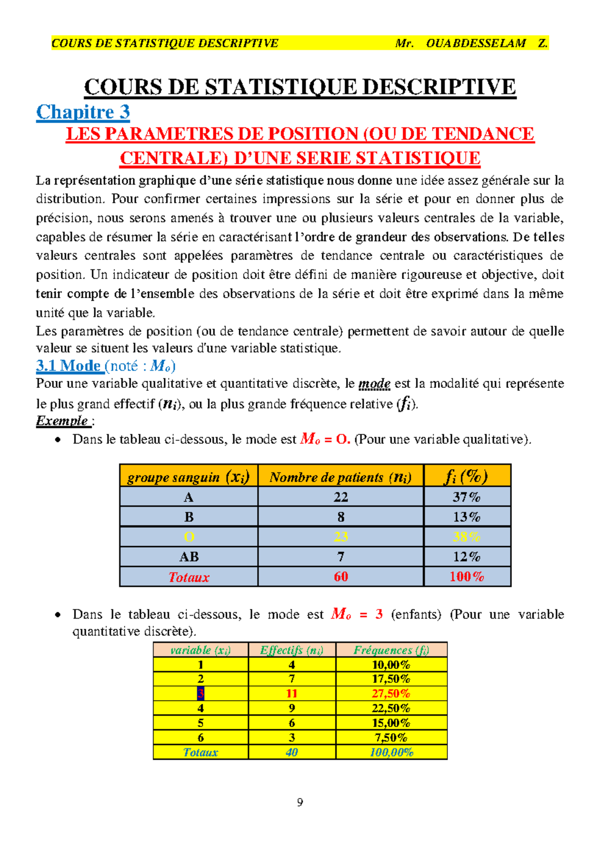 CH03 et CH04 Cours DE Statistique Descriptive 1ère Année - COURS DE ...