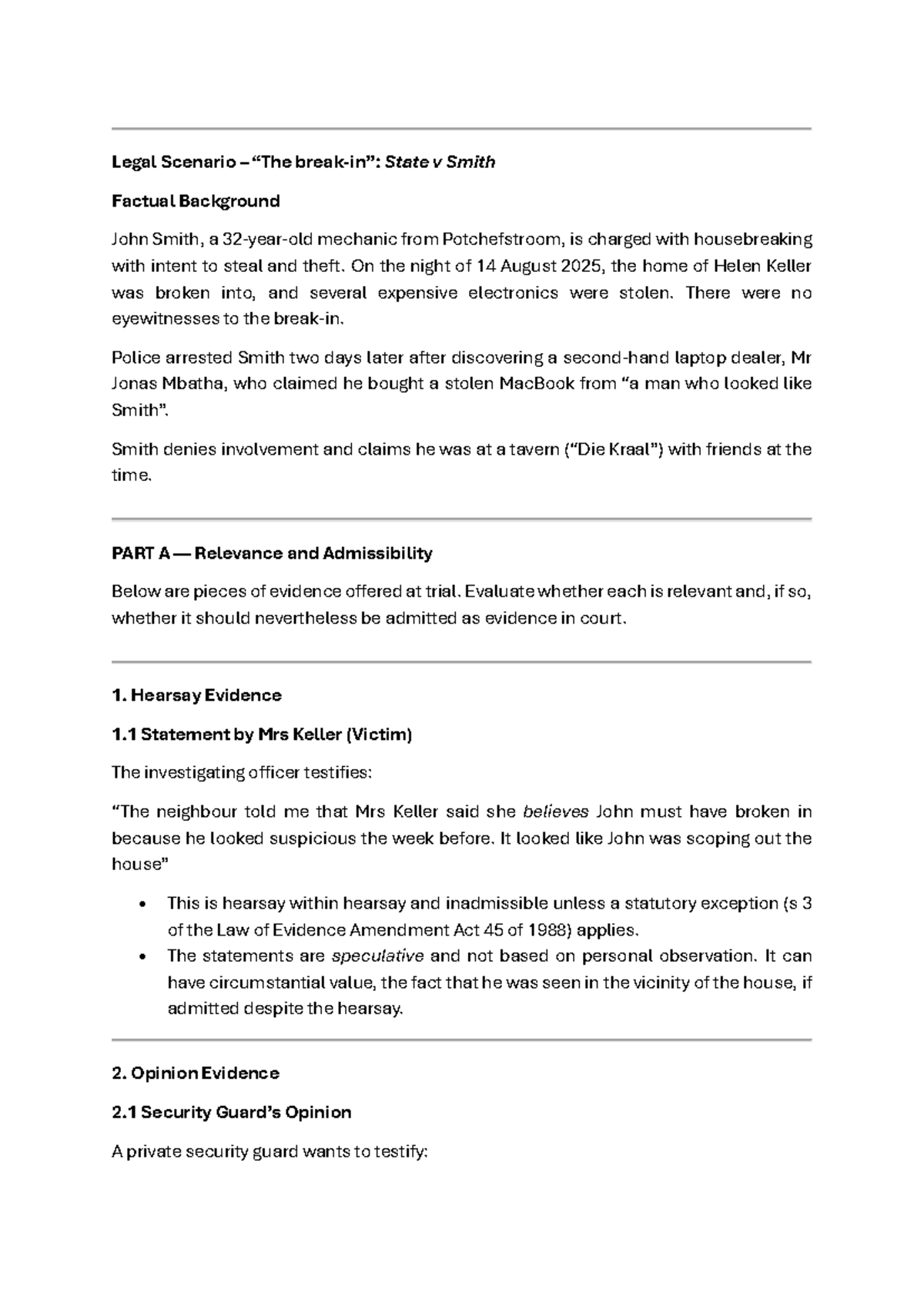 Class Exercise - Admissibility & Weight in State v Smith Case Study ...