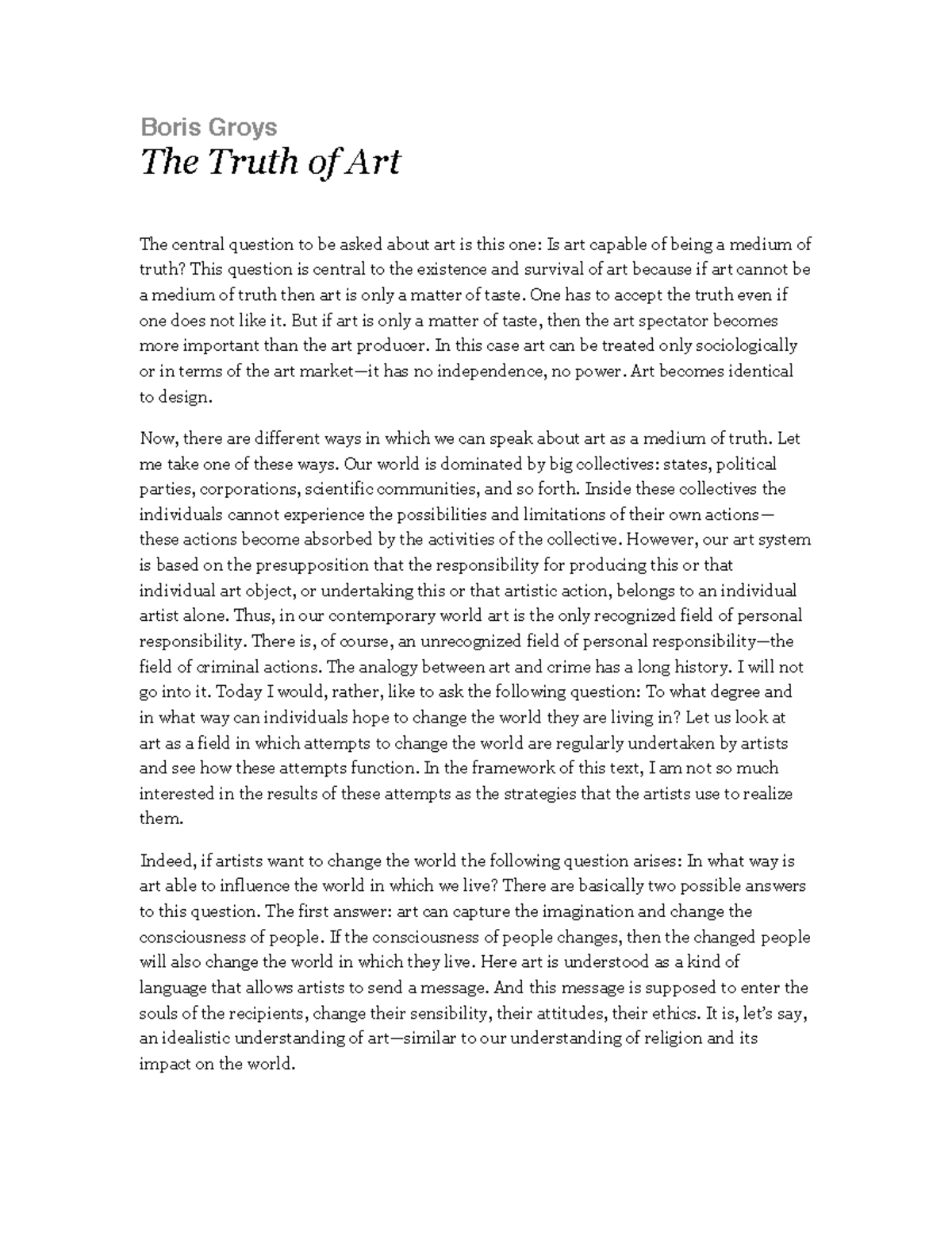 The Truth of Art: Personal Responsibility in Artistic Expression - Studocu