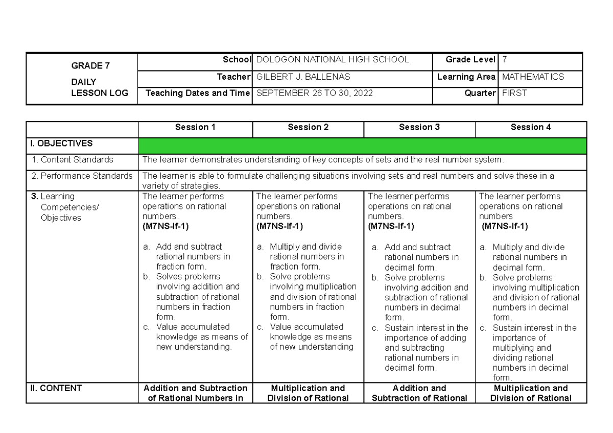 WEEK 6 - GRADE 7 MATH LESSON PLAN: RATIONAL NUMBERS (1ST QUARTER) - Studocu
