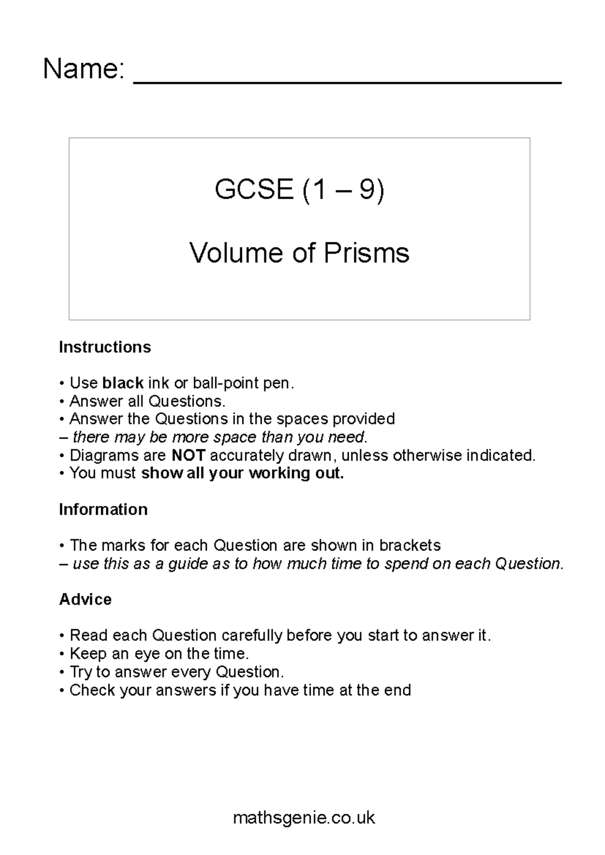 GCSE Maths Volume of Prisms Practice Questions (1-9) - Studocu