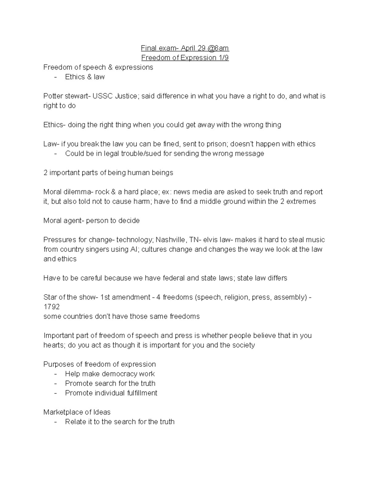 Final Exam Review: Freedom of Expression & Ethics in Journalism - Final ...