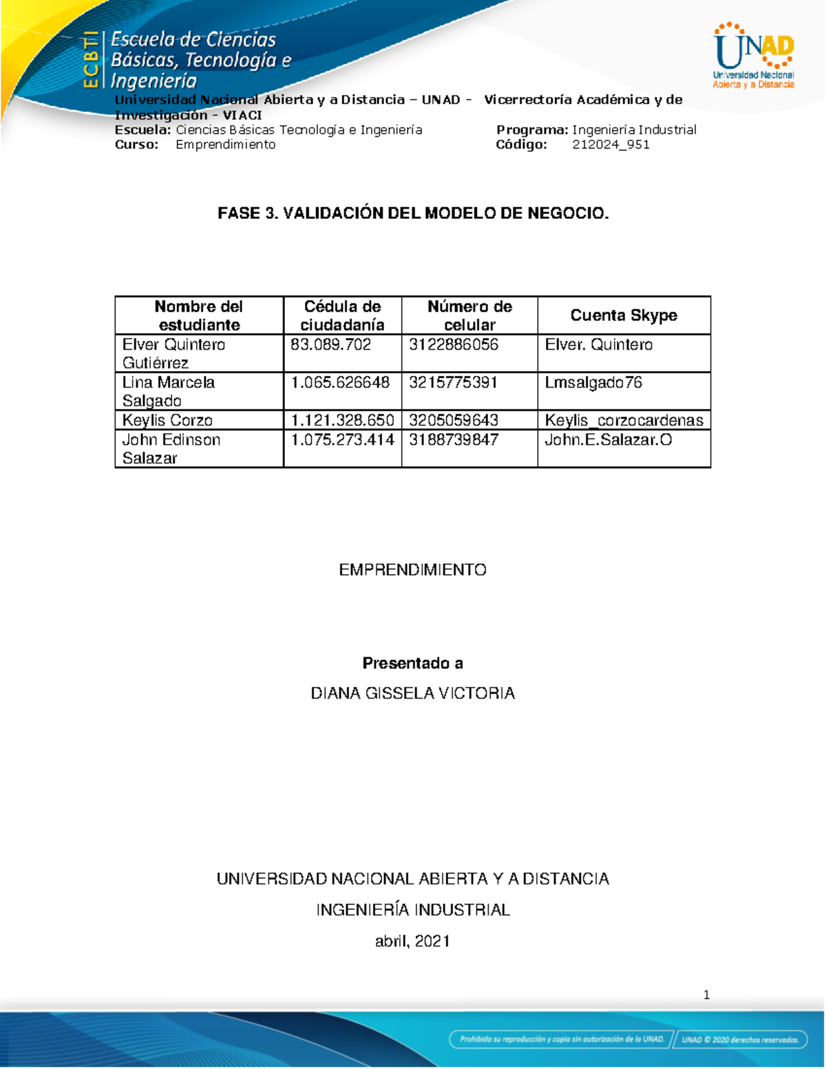Validación del Modelo de Negocio en Emprendimiento (Código: 212024 ...