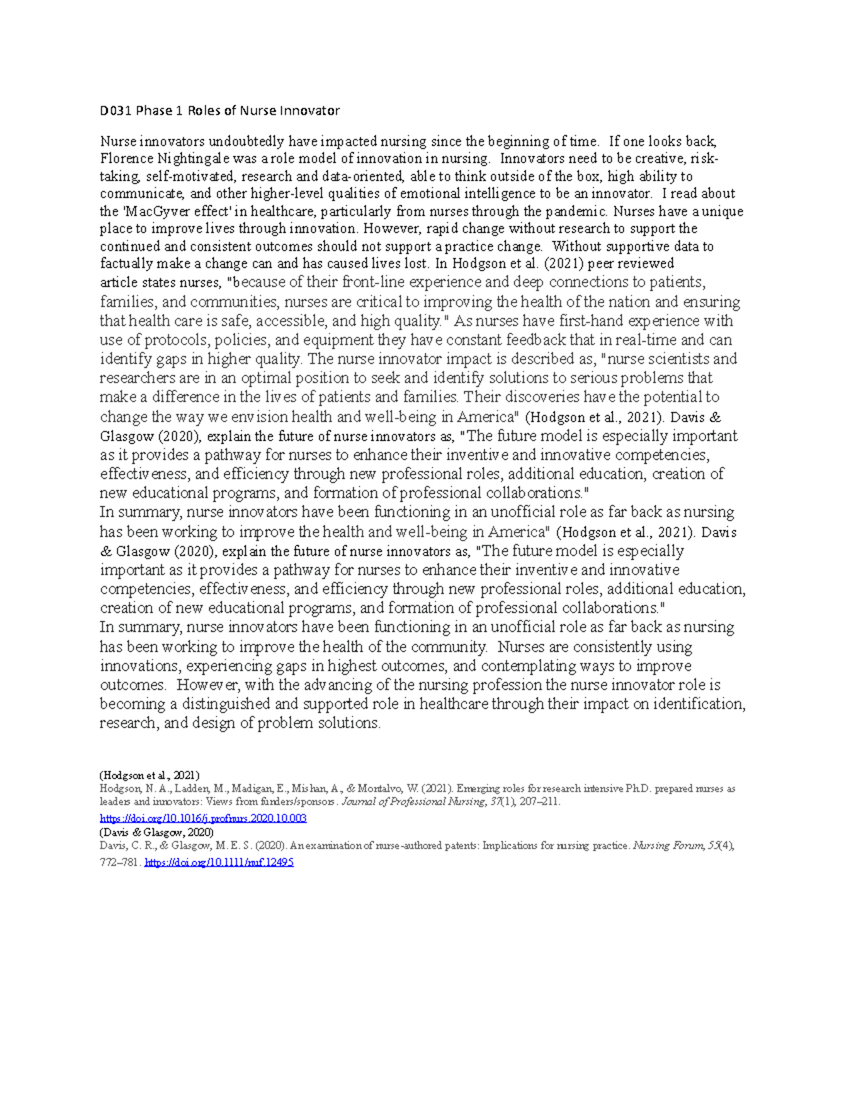 D031 Phase 1 Roles of Nurse Innovator - D031 Phase 1 Roles of Nurse ...