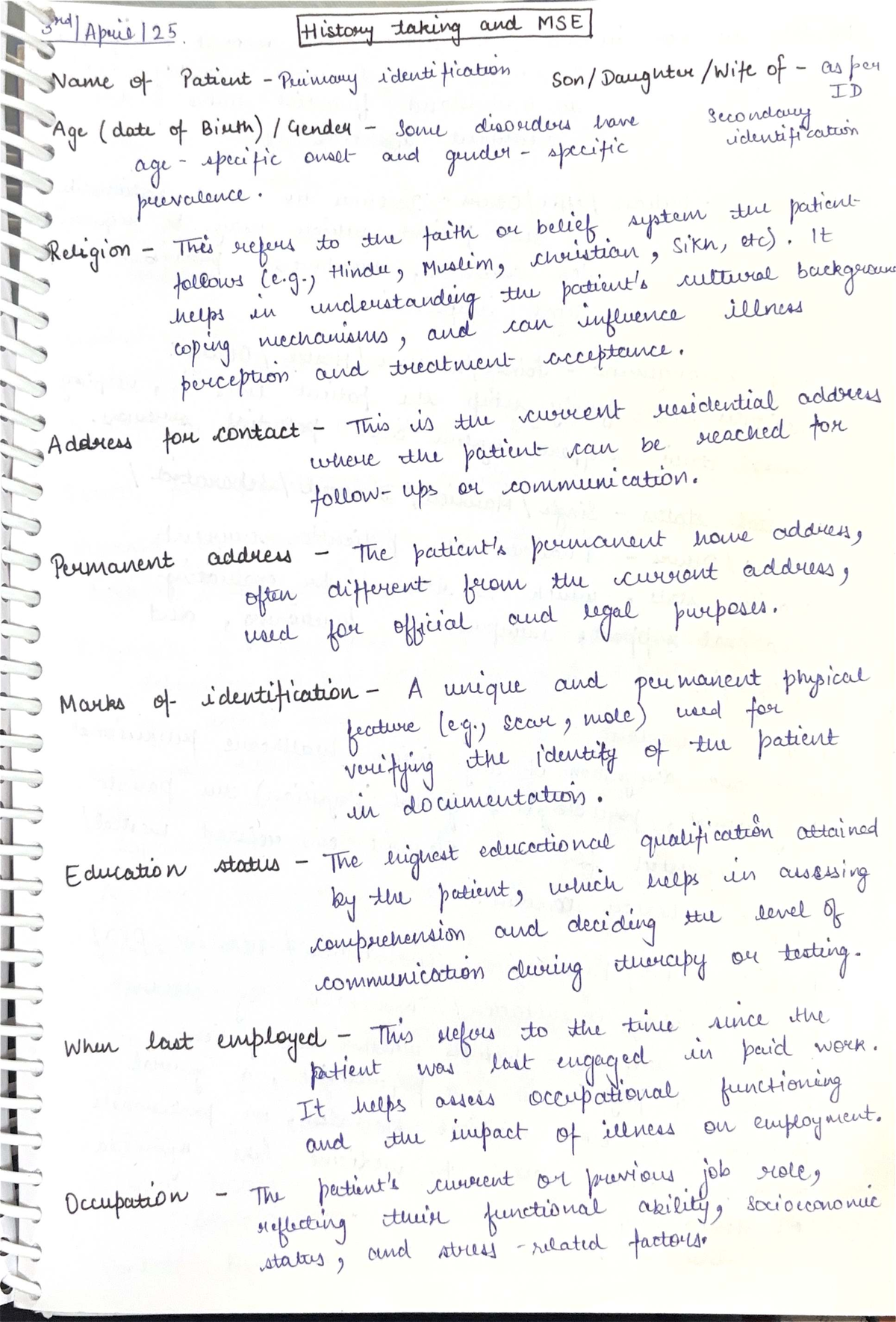 History Taking and MSE - Patient Assessment Notes (3rd April 125) - Studocu