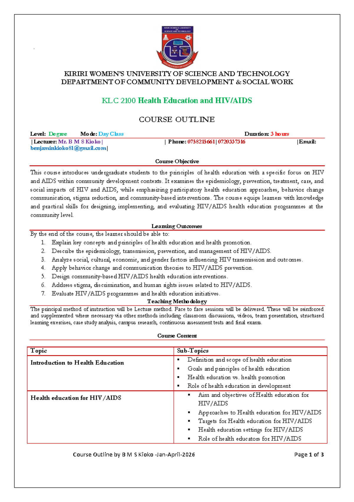 KLC 2100 Health Education Course Outline: HIV & AIDS Focus - Studocu
