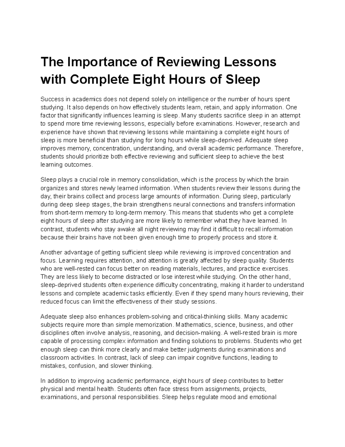 The Role of 8-Hour Sleep in Effective Lesson Review for Academic ...