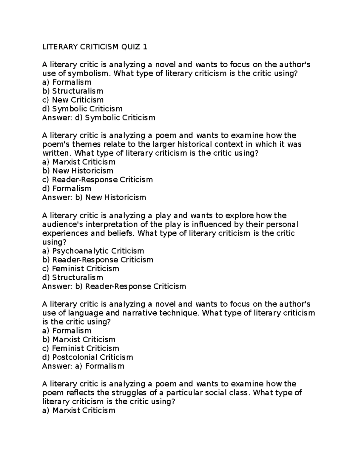 Literary Criticism QUIZ 1 - LITERARY CRITICISM QUIZ 1 A literary critic ...