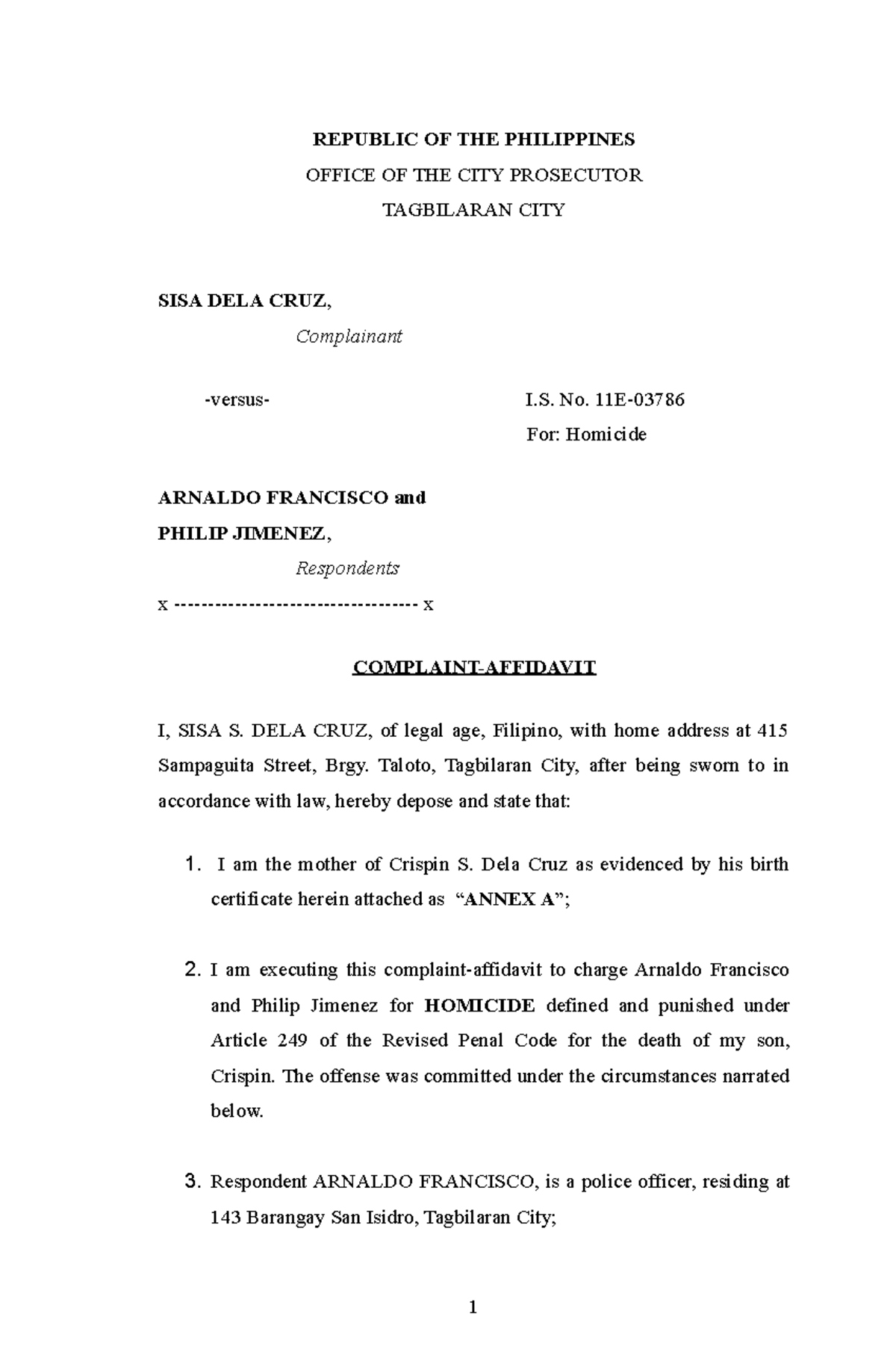 427563194 Complaint Affidavit for Homicide Case Against Officers - Studocu