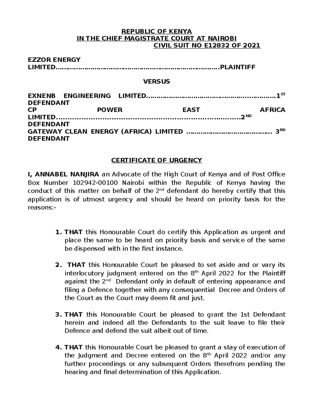 Application to Set Aside Default Judgment in Civil Suit No E12832/2021 - Studocu