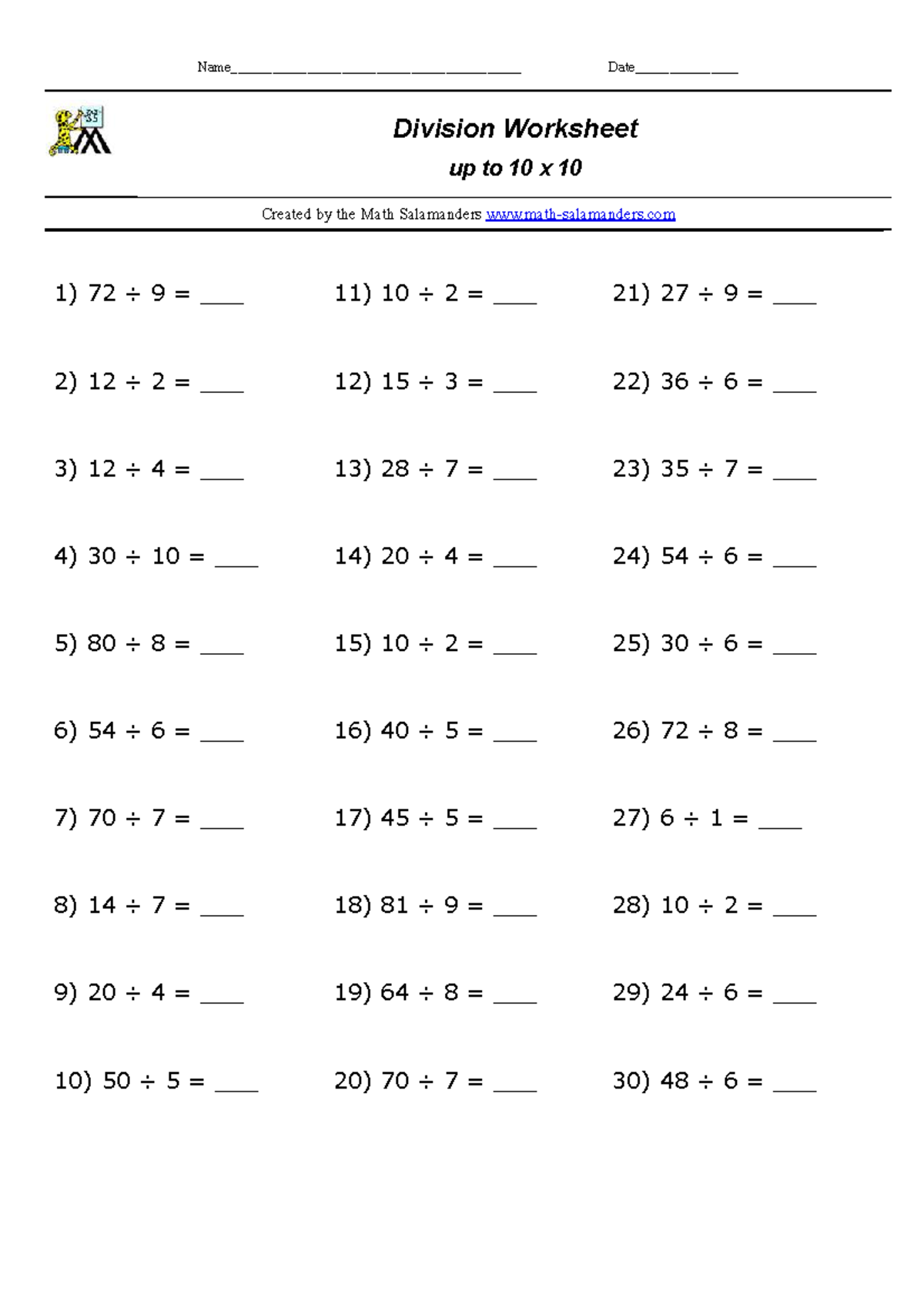 Division Worksheet (1-10) by Math Salamanders - Studocu