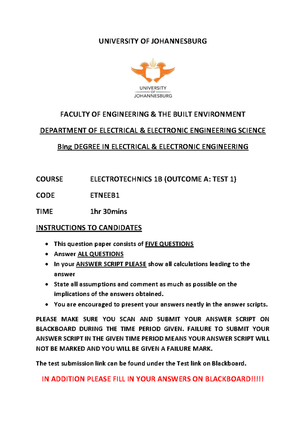 ETNEEB1 Electrotechnics 1B Test 1 Practice Questions - Studocu