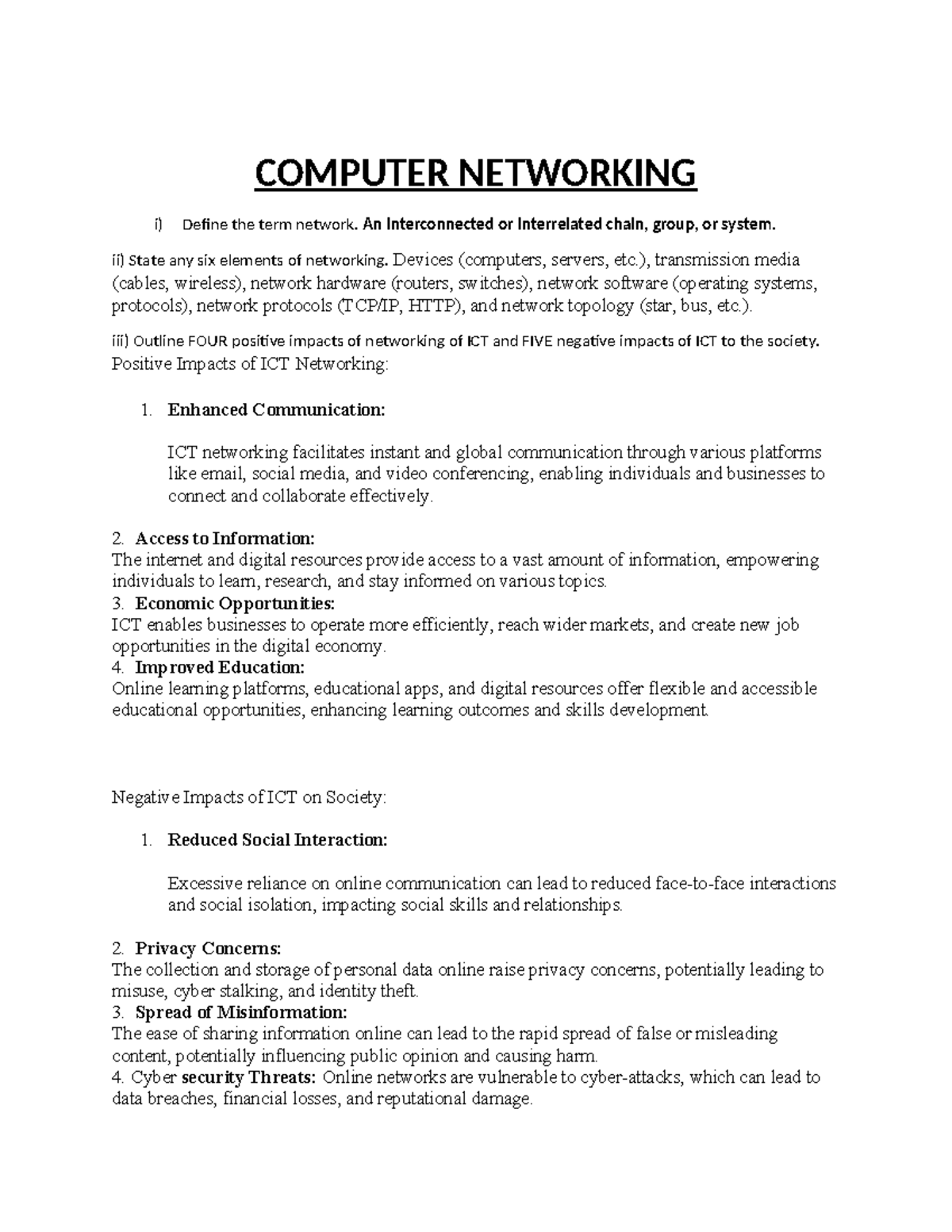 Computer Networking - ICT NOTES - COMPUTER NETWORKING i) Define the ...
