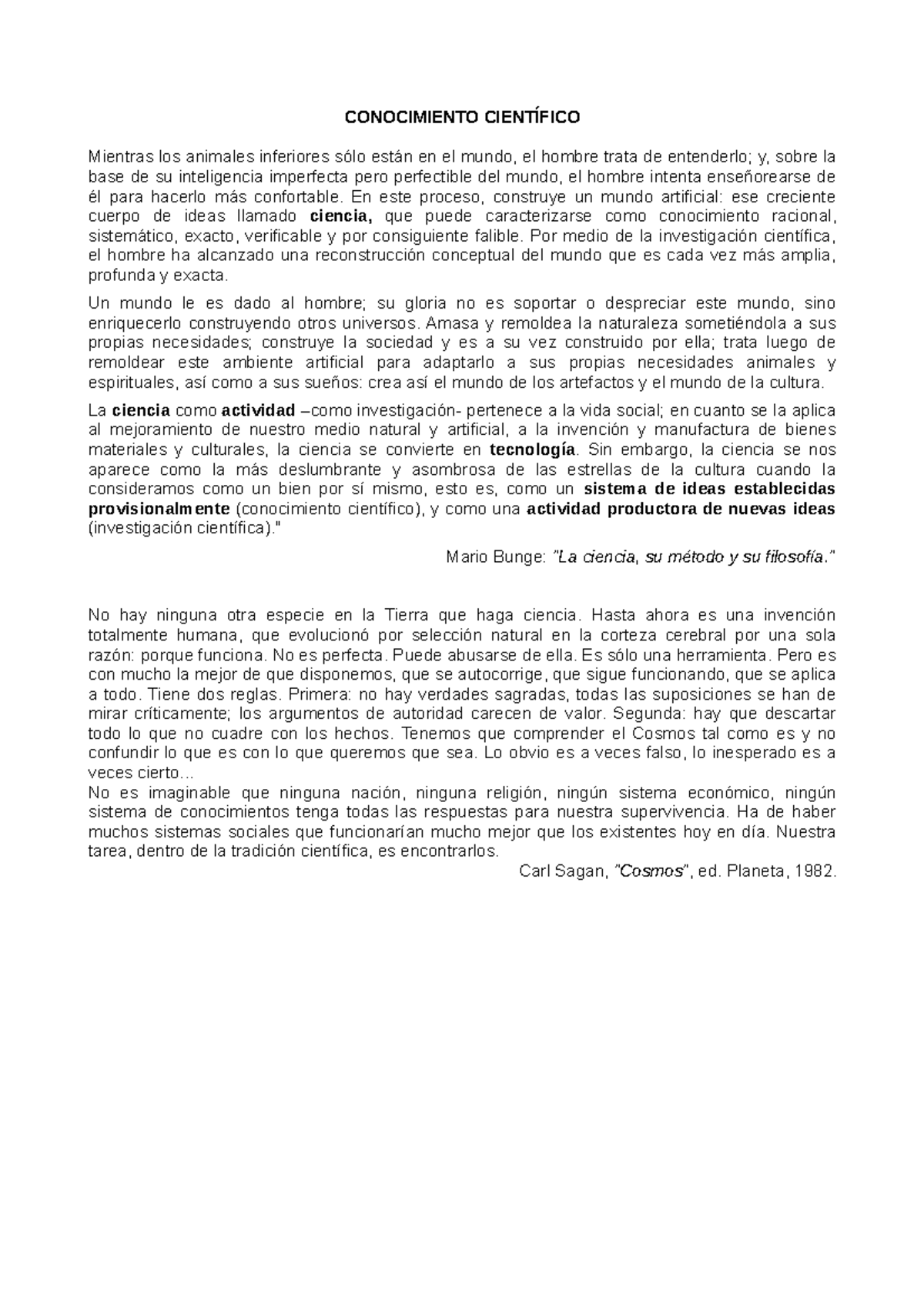 CONOCIMIENTO CIENTÍFICO: Textos de Bunge y Sagan - Studocu