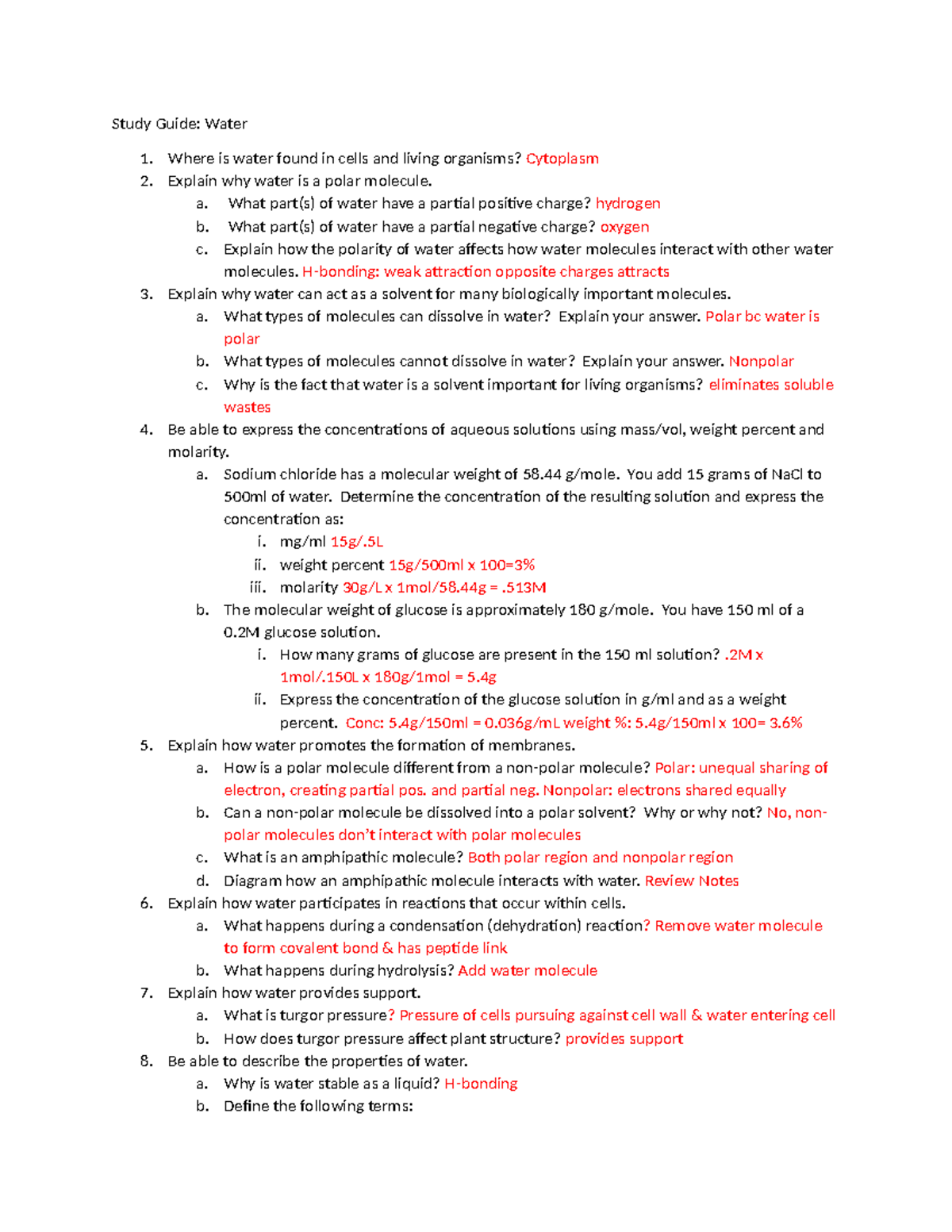 Study Guide: Water Properties & Biological Functions (Bio 101) - Studocu
