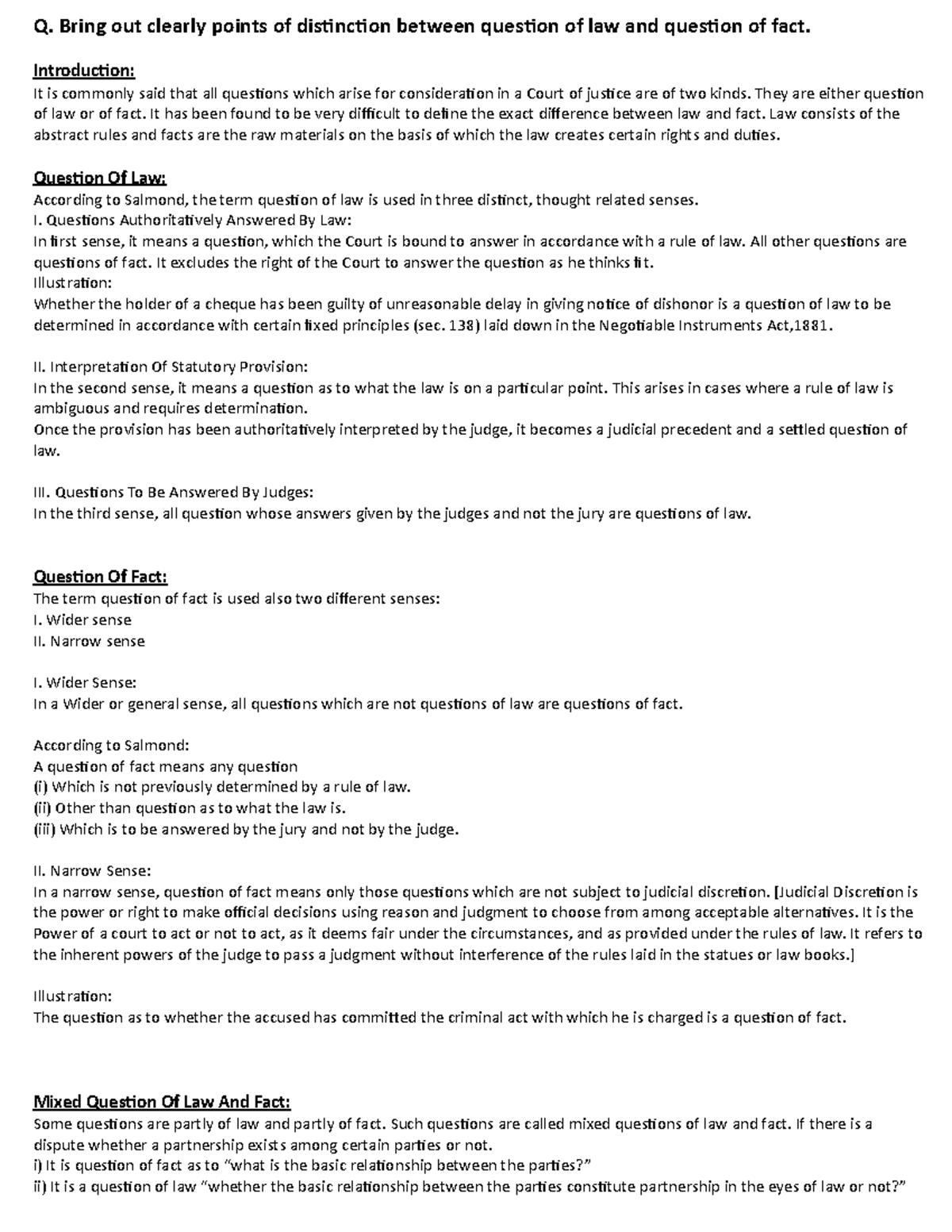 Legal Notes for - Q. Bring out clearly points of distinction between ...