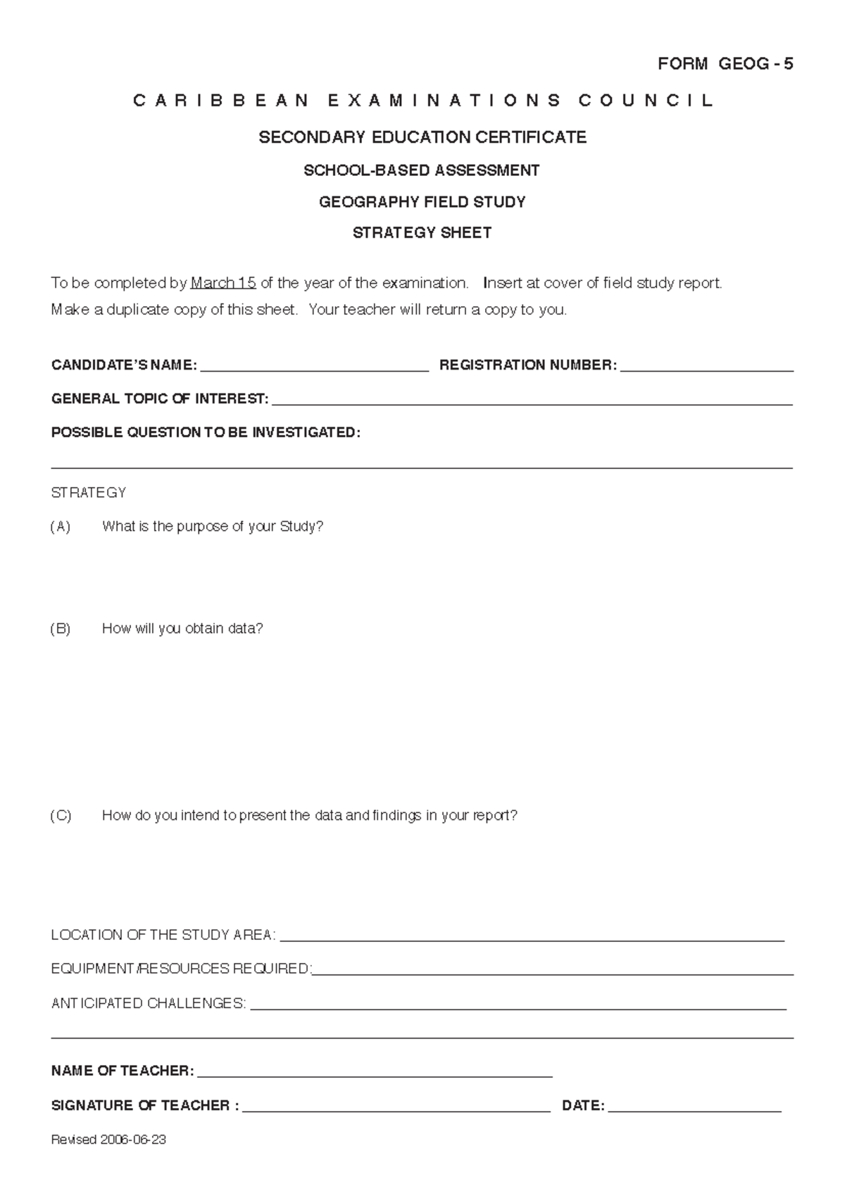 CSEC Geography Field Study SBA Strategy Sheet Template - Studocu