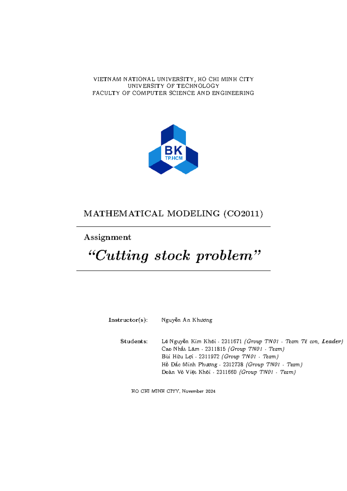 Mathematical Modeling (CO2011) Assignment on Cutting Stock Problem ...