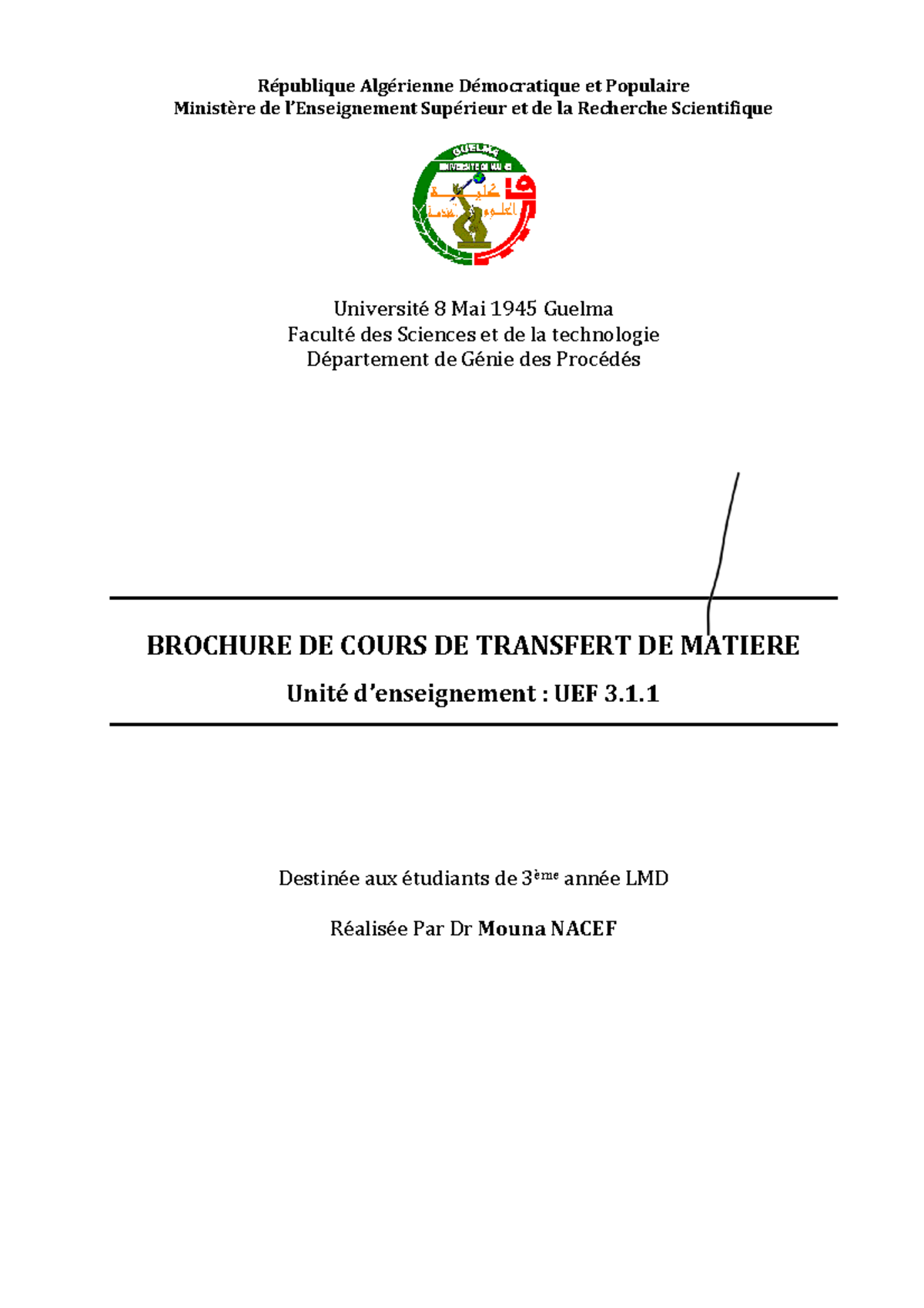 Brochure de Cours UEF 3 : Transfert de Matière en Génie des Procédés ...