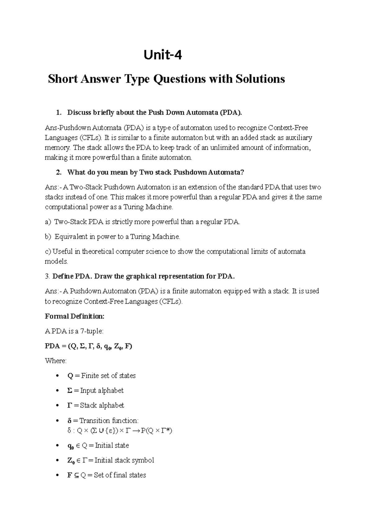 Unit-4 Solutions: Push Down Automata (PDA) Concepts and Examples - Studocu