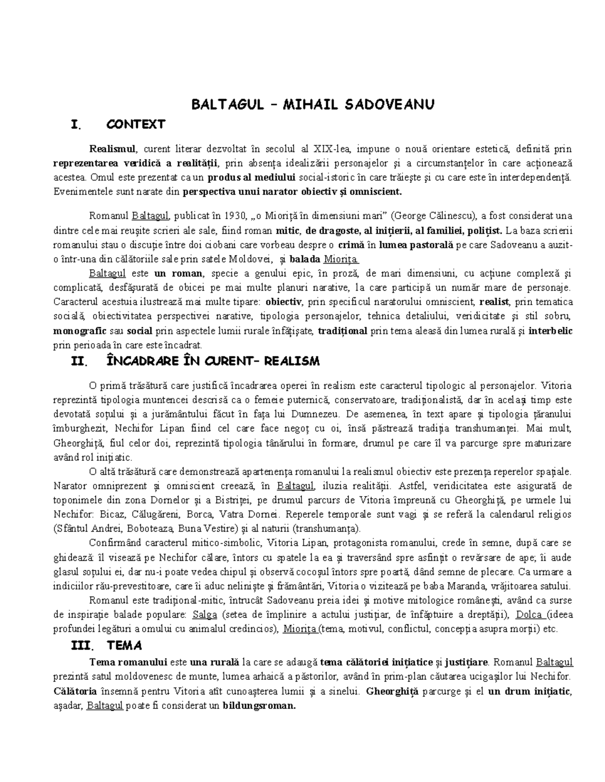 Eseu Bacalaureat: Analiza Romanului Baltagul de Mihail Sadoveanu - Studocu