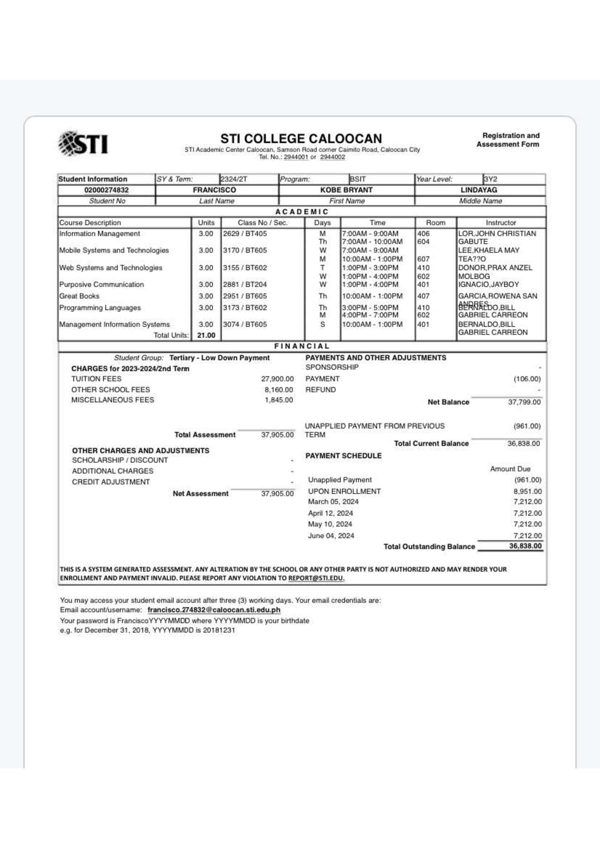 STI BSIT 3Y2 Registration & Assessment Form for SY Term - Studocu