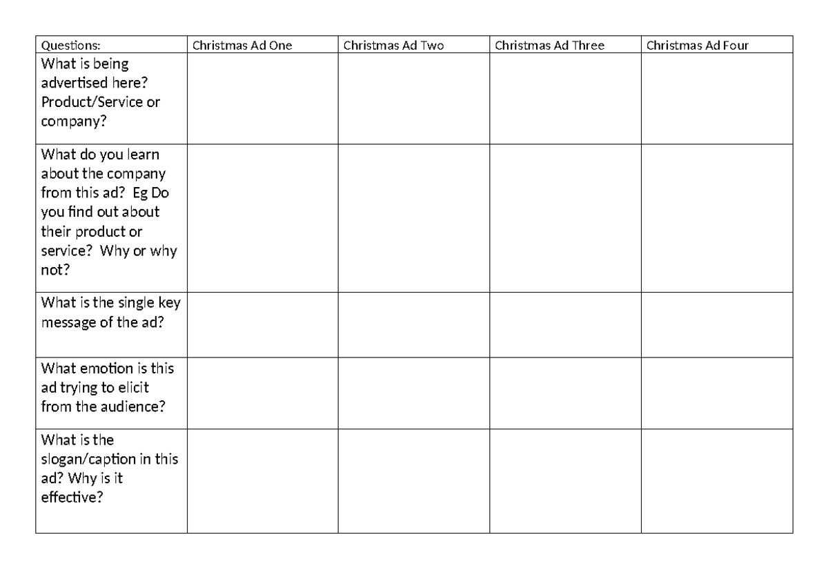 Christmas Ad Analysis - Worksheet for PPT Matching - Studocu