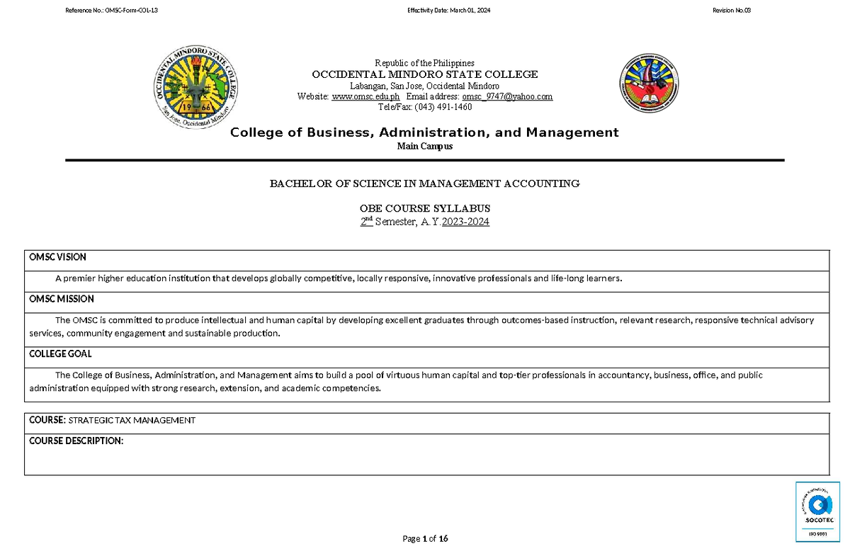 BSMA MA05 Course Syllabus: Strategic Tax Management Overview - Studocu