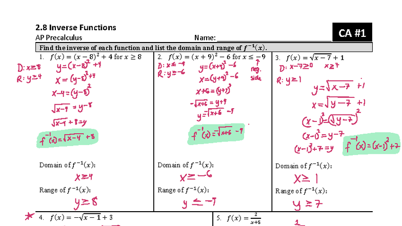 AP Precalculus CA #1: Inverses & Logarithmic Functions - Studocu